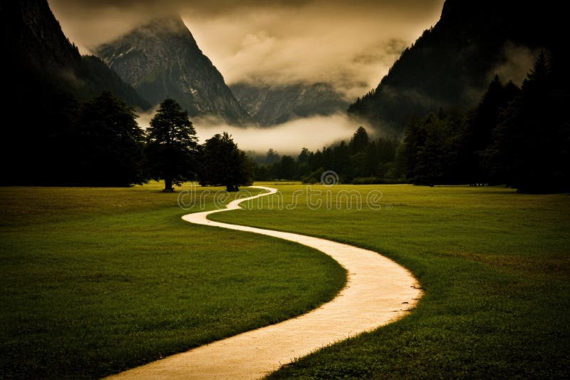 Serene Mountain Pathway Amidst Misty Valley with Lush Greenery and ...