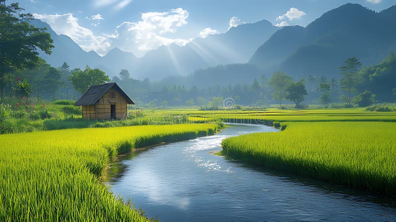 Serene Mountain Rice Paddy Hut, Sun Rays, River Stock Illustration ...