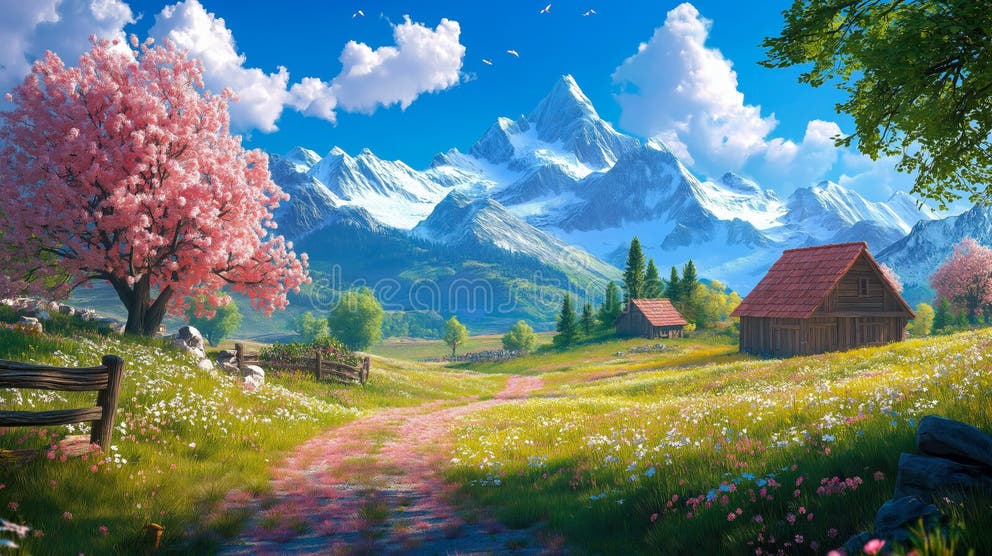Serene Mountain Scene with Blooming Spring Landscape and Rustic Cabins ...