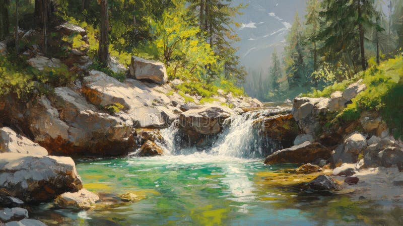 Serene Mountain Stream Cascading Over Rocks in Sunlight Stock ...