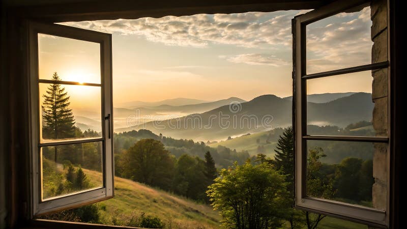 Serene Mountain Sunrise View through an Open Window Stock Illustration ...
