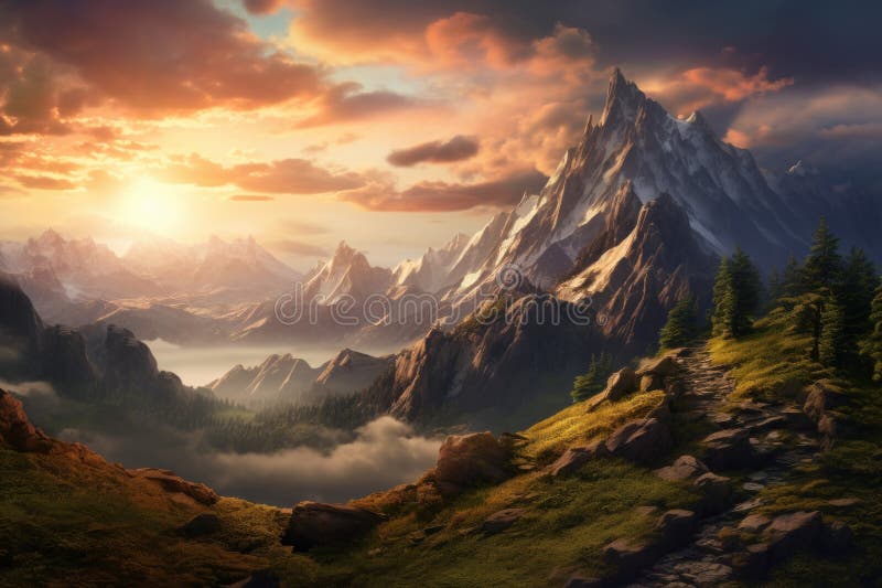 Serene Mountain Top Scenery Peak. Generate AI Stock Illustration ... Serene Mountain Top Scenery Peak. Generate AI Stock Illustration ...