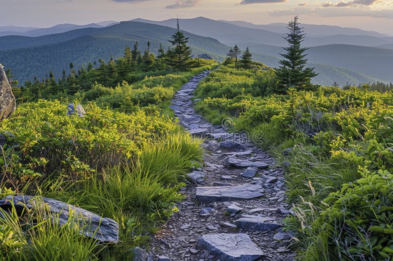 Serene Mountain Trail at Sunset with Lush Greenery and Vibrant Sky ...