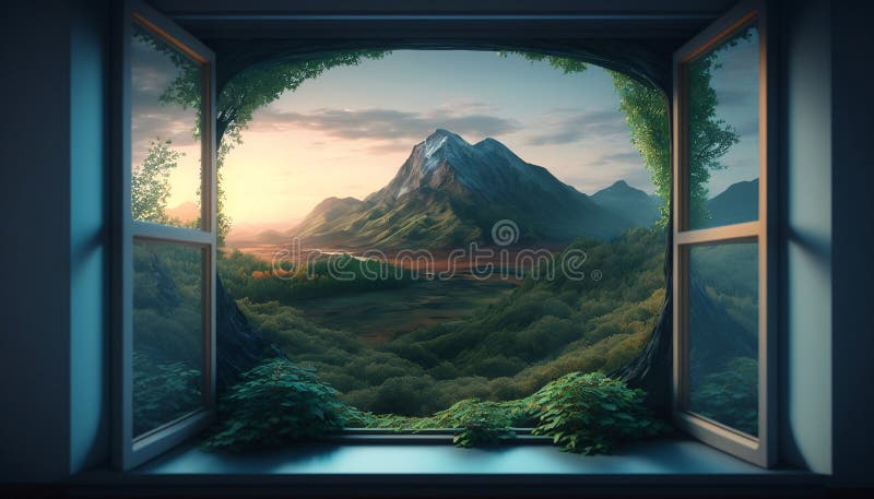 Serene Mountain View through Window, Nature Landscape Background ...