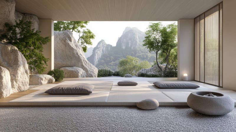 Serene Mountain View Zen Meditation Room Design Stock Illustration ...