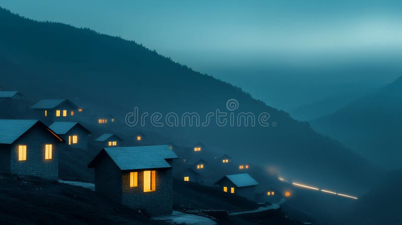 A Serene Mountain Village with Glowing Windows at Dusk, Enveloped in ...