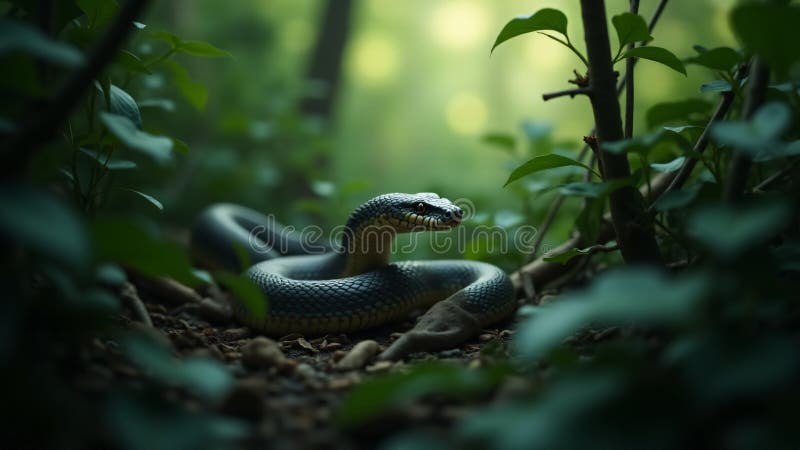 A Serene yet Mysterious Scene of a Snake in the Wild Stock Illustration ...