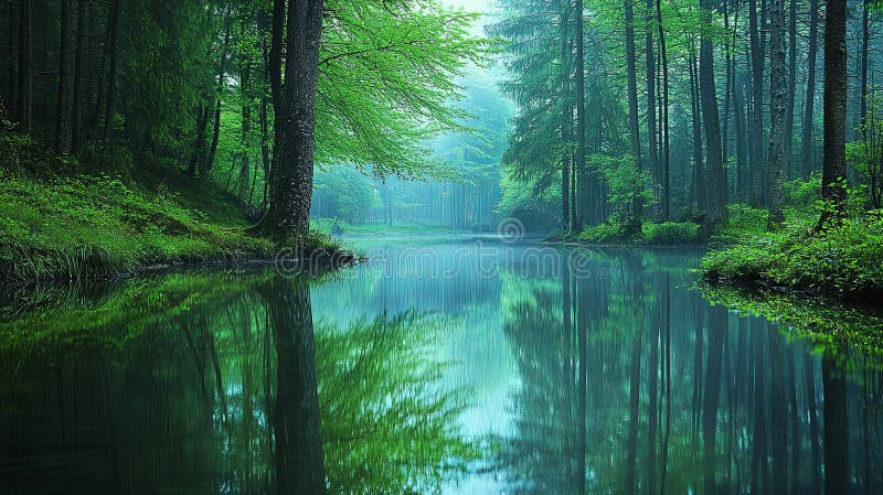 A Serene, Mystical Forest with Calm Waters.. Stock Photo - Image of ...