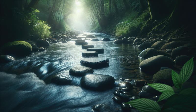 Enchanted Forest Stream with Stepping Stones, AI Generated Stock ...