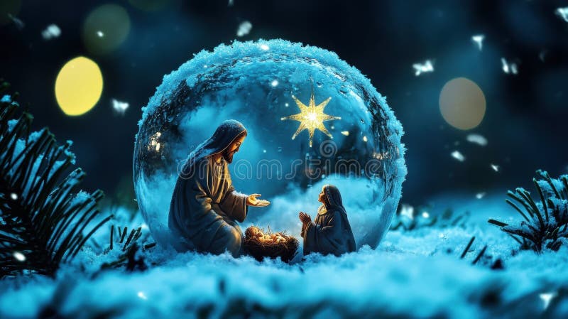Serene Nativity Scene Inside a Snow-globe with Glowing Star Stock ...