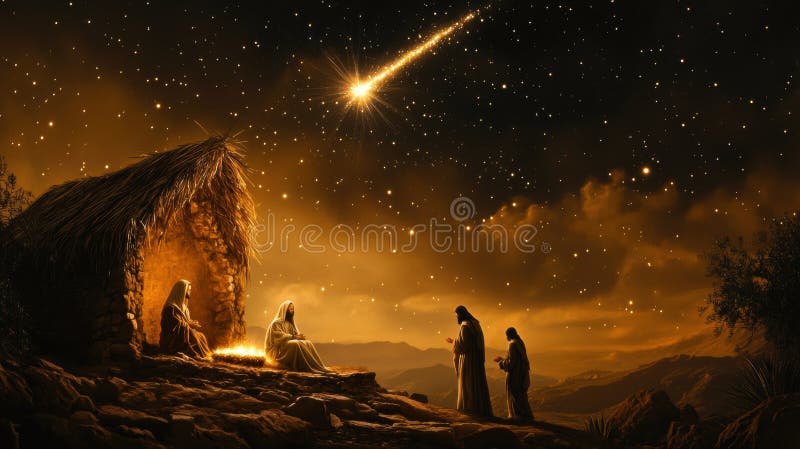 Serene Nativity Scene Under a Starry Night Sky with Figures Stock ...