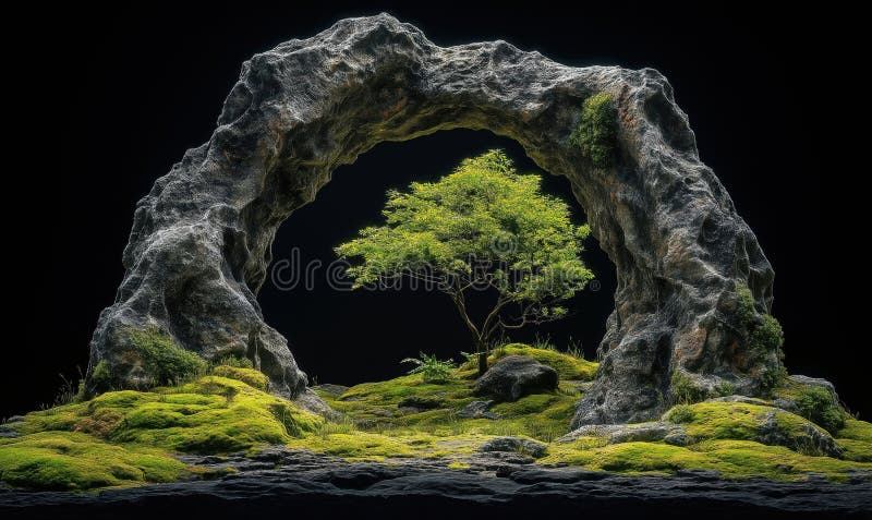 Serene Natural Arch with Vibrant Tree Surrounded by Lush Moss and Rocks ...