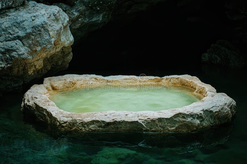 Serene Natural Hot Spring Pool Surrounded by Rocky Cliffs Stock ...