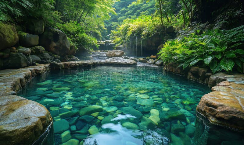 Serene Natural Hot Spring Surrounded by Lush Greenery and Tranquil ...