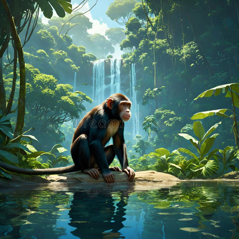 In Front of a Waterfall, There is a Monkey Seated on a Rock beside a ...