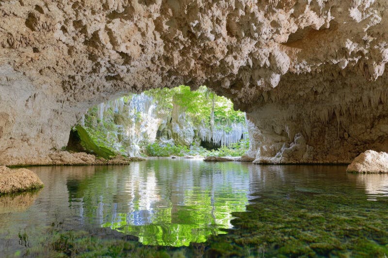Serene Natural Limestone Cave with Calm Water and Lush Greenery Stock ...