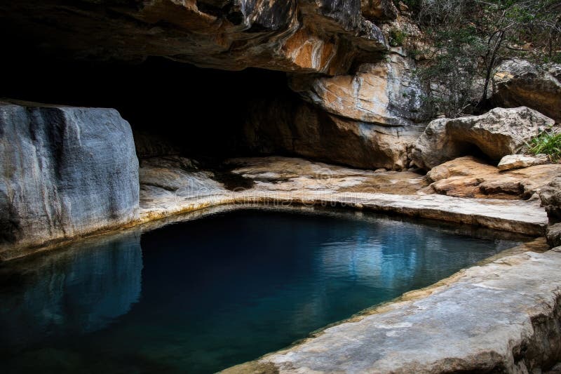 Serene Natural Pool in Rocky Cave Setting with Clear Water and Shadowed ...