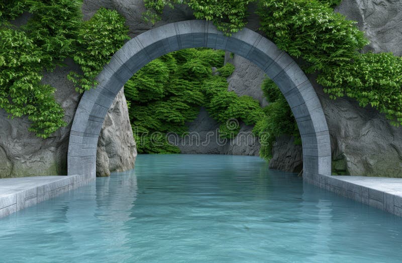 Serene Natural Pool with Stone Arch and Lush Greenery Stock ...