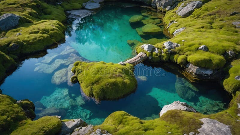Serene Teal Mountain Pools: Crystal Clear Water Surrounded by Lush Moss ...