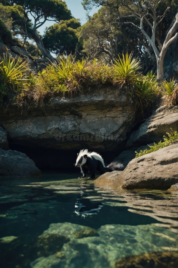 Striped Skunk by the Crystal Clear Water in Its Natural Habitat Stock ...