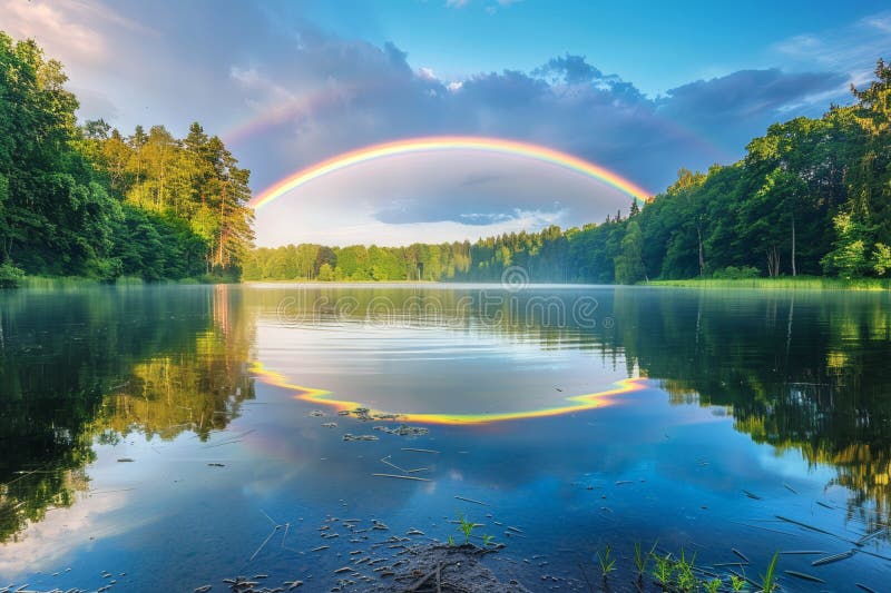 Serene Natural Setting with a Rainbow Arching Over a Tranquil Lake ...