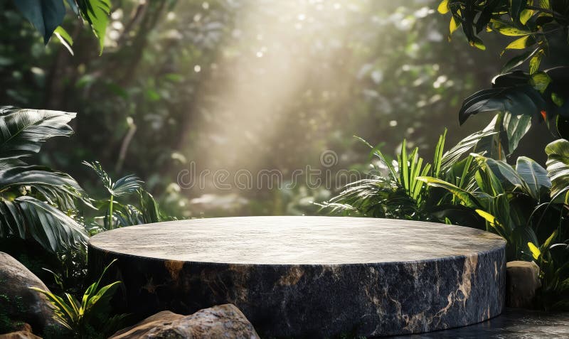 Serene Natural Stone Platform Surrounded by Lush Greenery and Sunlight ...