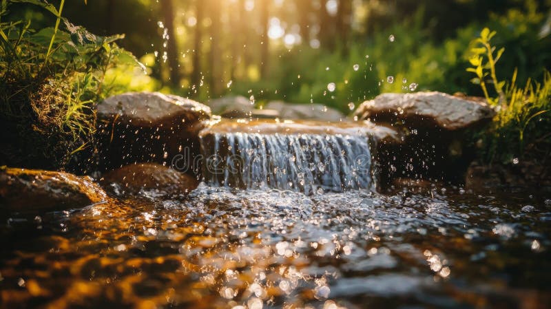 Serene Natural Stream with Sunlight Sparkling on Water Stock Photo ...