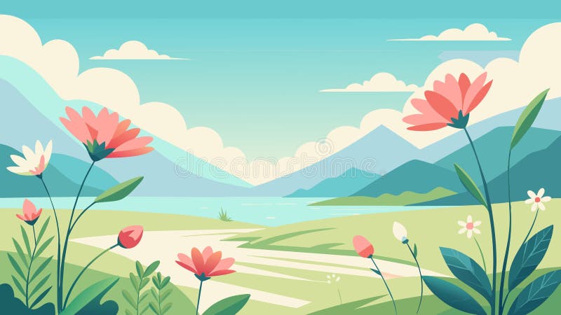 Serene Nature Landscape with Blooming Flowers and Mountains Vector ...
