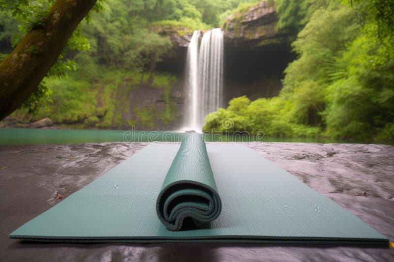 Serene Nature Scene with Waterfall and Trees on Yoga Mat Stock Photo ...