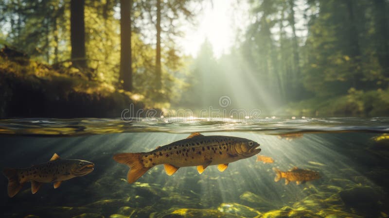 Serene Nature Stream Scene Featuring Diverse Fish Gracefully Swimming ...