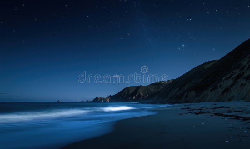 Serene Night Beach with Starry Sky, Gentle Waves, and Coastal Cliffs ...