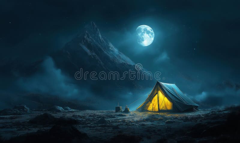 Serene Night Camping Scene with Illuminated Tent Under Full Moon and ...