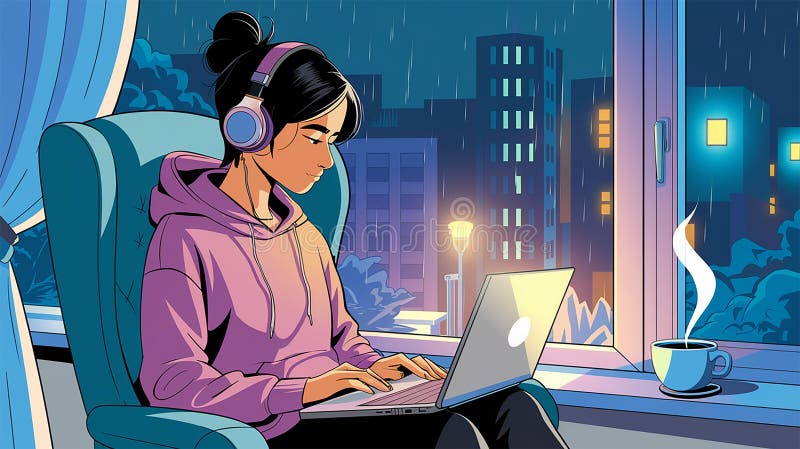 A Serene Night Coding Session with Headphones and Coffee Stock ...