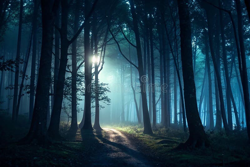 Mystic Night Forest with Shining Light. Dark Woodland Illuminated by ...