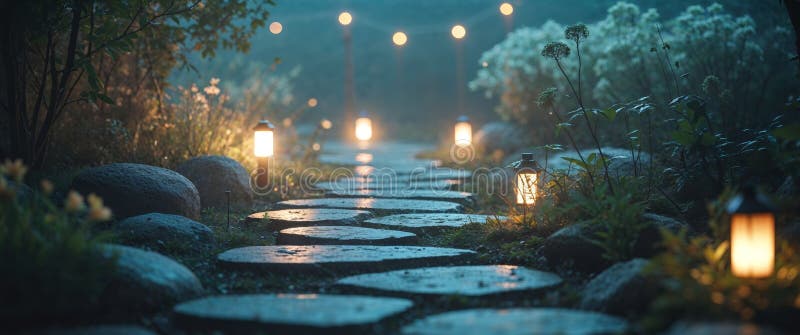Serene Night Garden Path Stone Walkway Soft Lighting Stock Photos ...