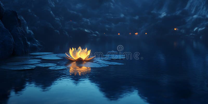 Serene Night a Glowing Ember Reflects on Dark Water Stock Illustration ...
