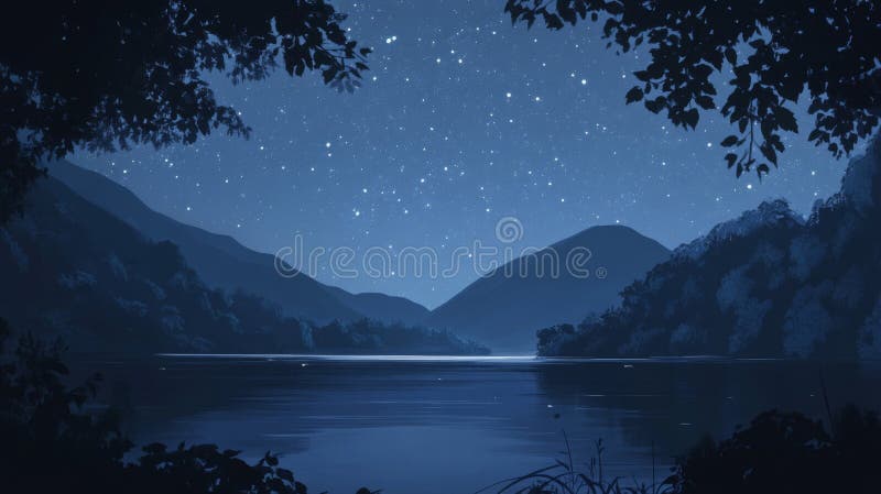 Serene Night Lake Landscape with Starry Sky and Mountains Stock ...