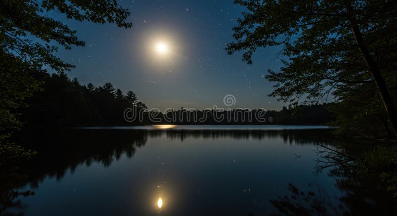 Serene Night Lake Under a Full Moon and Starry Sky Stock Illustration ...