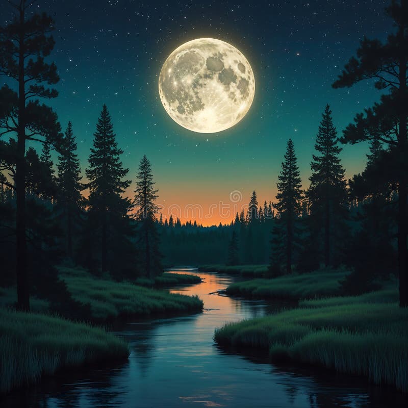 Serene Night Landscape Artwork with Luminous Full Moon in Vertical ...