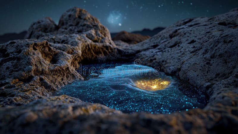 Serene Night Landscape Featuring a Glowing Pool of Water Surrounded by ...