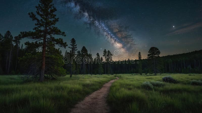 Serene Night Path Under Milky Way Galaxy in Forest Meadow Stock ...