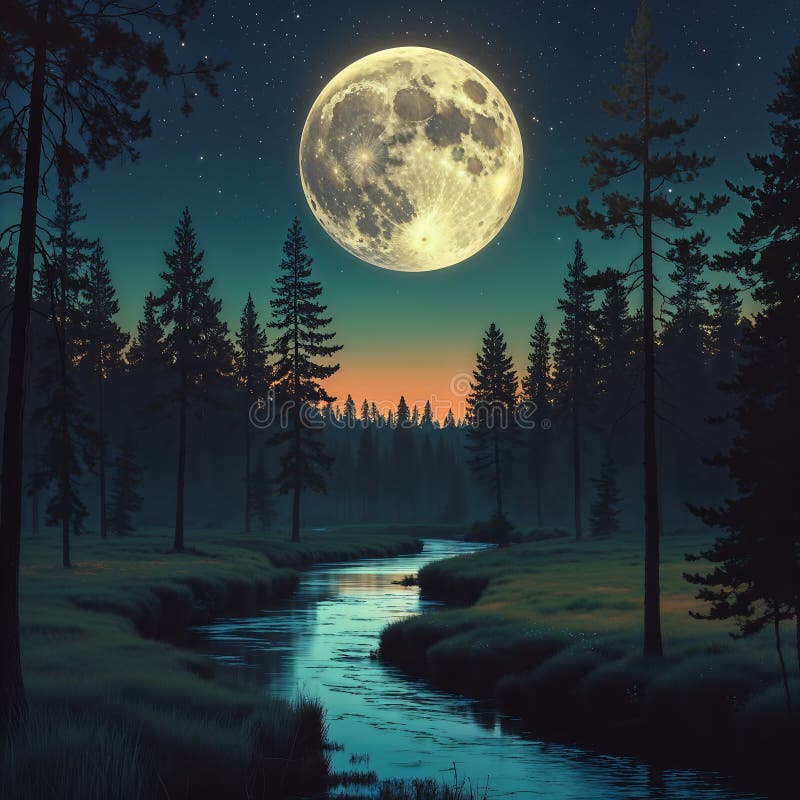 Serene Night Landscape Artwork with Luminous Full Moon in Vertical ...