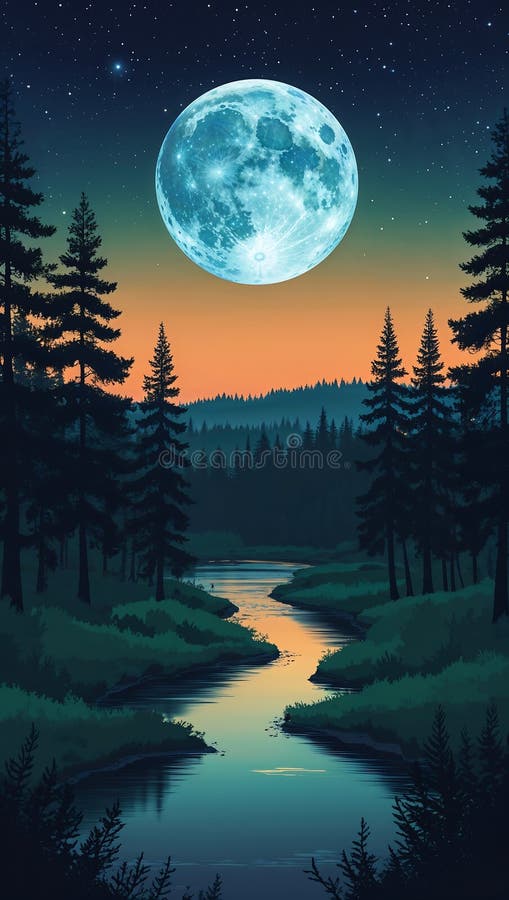 Serene Night Landscape Artwork with Luminous Full Moon in Vertical ...