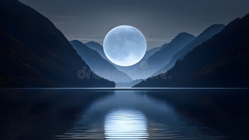 Serene Night Landscape with a Full Moon Reflection Stock Photo - Image ...