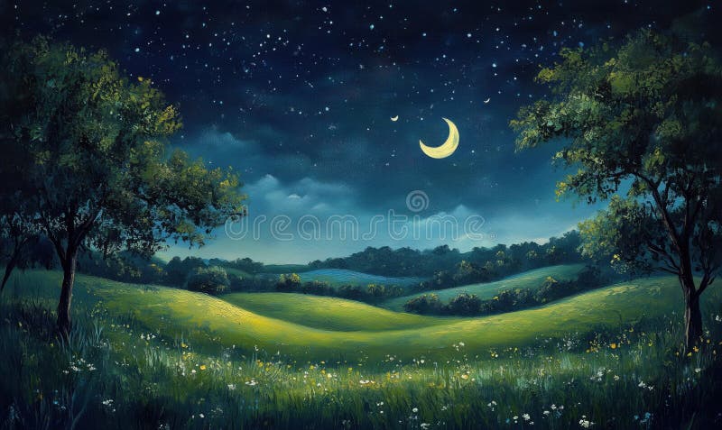Serene Night Landscape Moon Starry Sky Over Rolling Hills Trees Stock ...