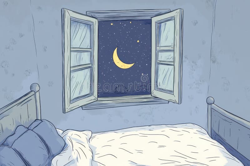 Serene Night: Moonlit Starry Sky through Open Window in Cozy Bedroom ...
