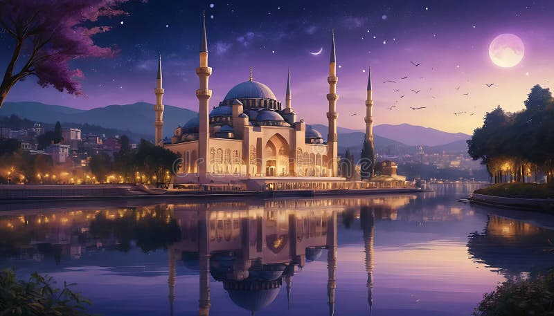 Serene Night Mosque by the River with Crescent Moon. Generative Ai ...