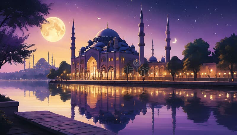 Serene Night Mosque by the River with Crescent Moon. Generative Ai ...