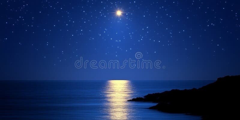 Serene Night Ocean Scene with Bright Starry Sky and Moonlit Waters ...
