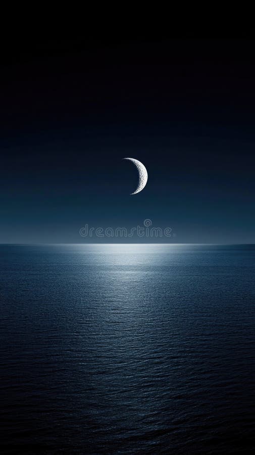 Serene Night Ocean Scene with Crescent Moon and Reflections Stock Image ...